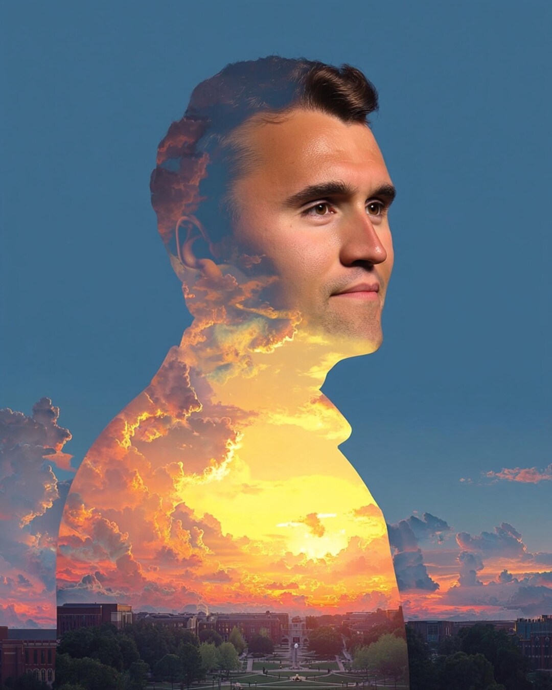 Charlie Kirk Portrait | Double-exposure Sky & Campus | Golden Clouds ...