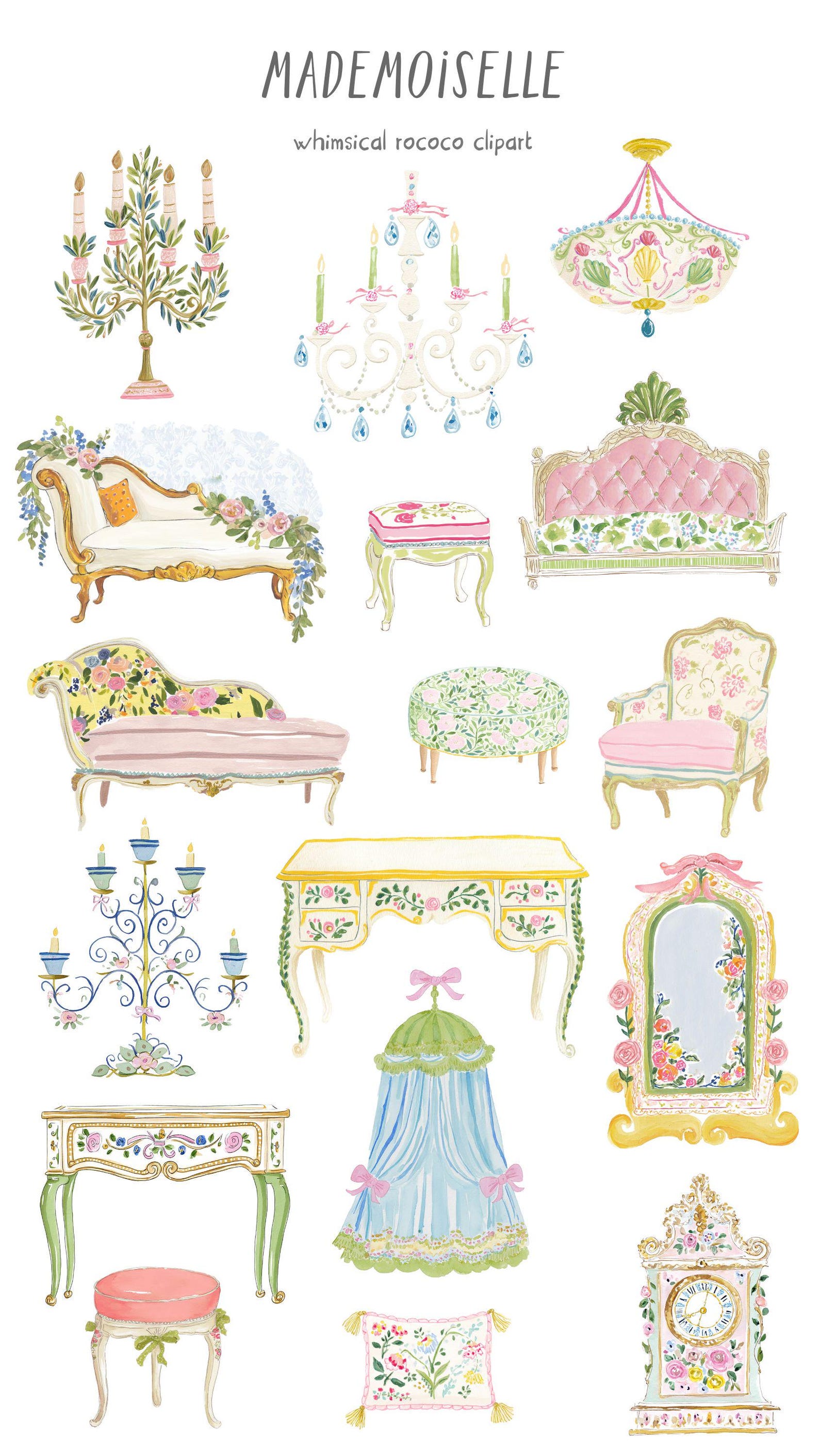 Rococo Clipart Whimsical Pastel Watercolor Preppy French Feminine ...