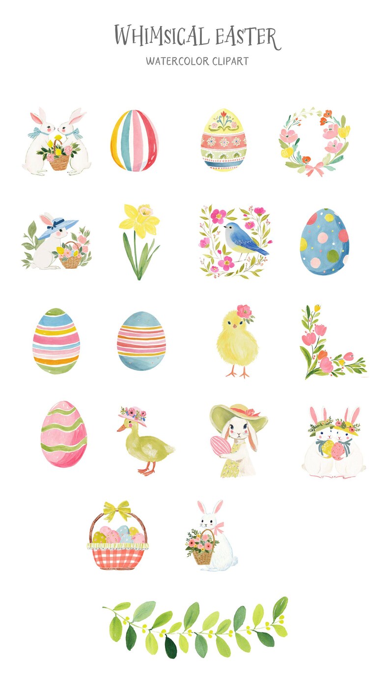 Easter Clipart Watercolor Eggs Bunnies Flowers Colorful Pastel Spring ...