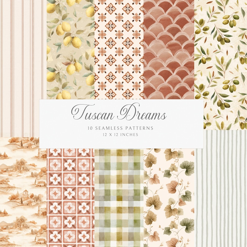 Tuscany Summer Seamless Patterns Italian Countryside Rustic Backgrounds ...