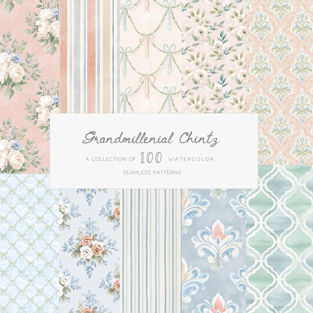 Grandmillennial Seamless Patterns Bundle Watercolor Vintage Preppy ...