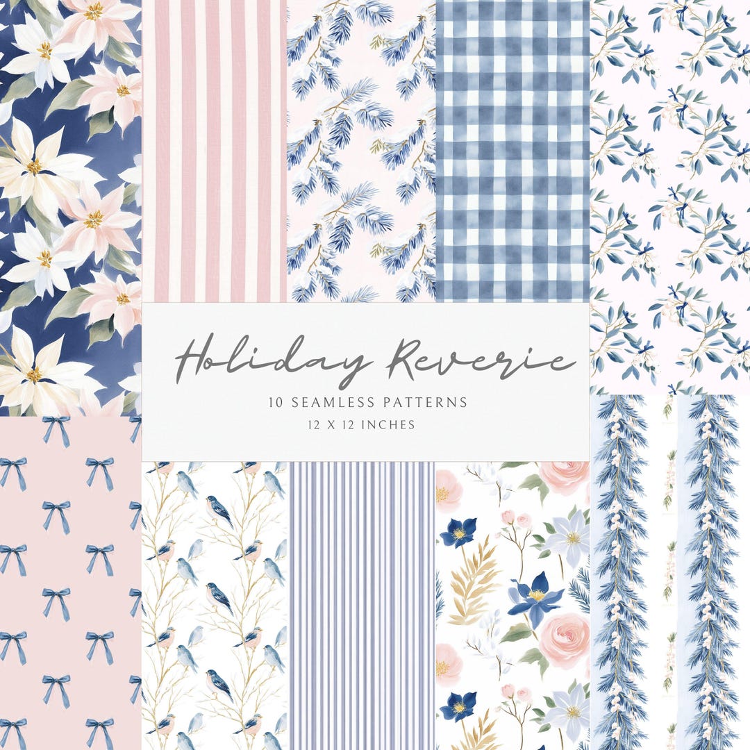 Preppy Christmas Seamless Patterns: Watercolor Cottagecore Dark Blue ...