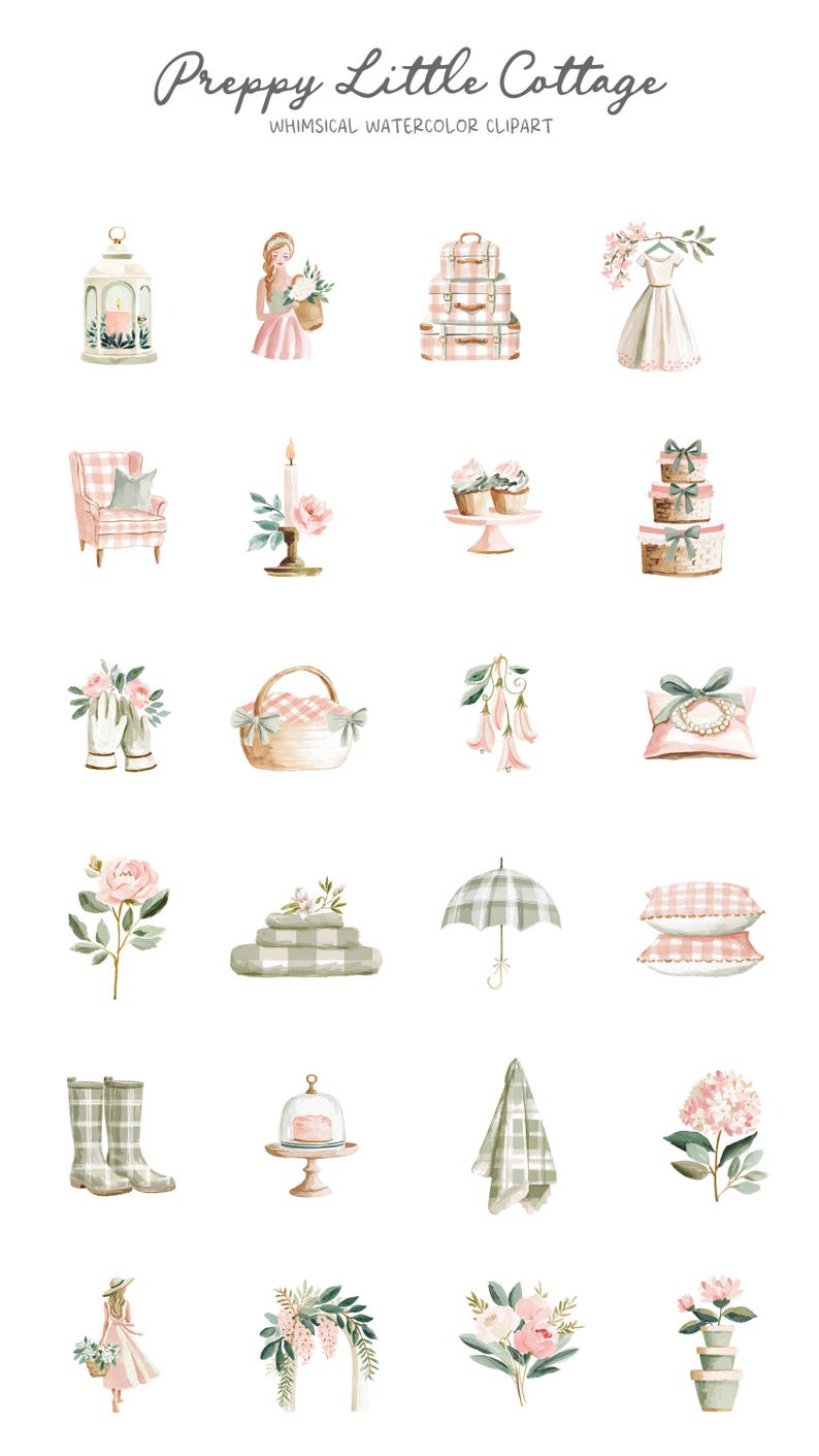 Preppy Cottage Clipart Vintage Garden Girl Pink Sage Watercolor Set PNG ...