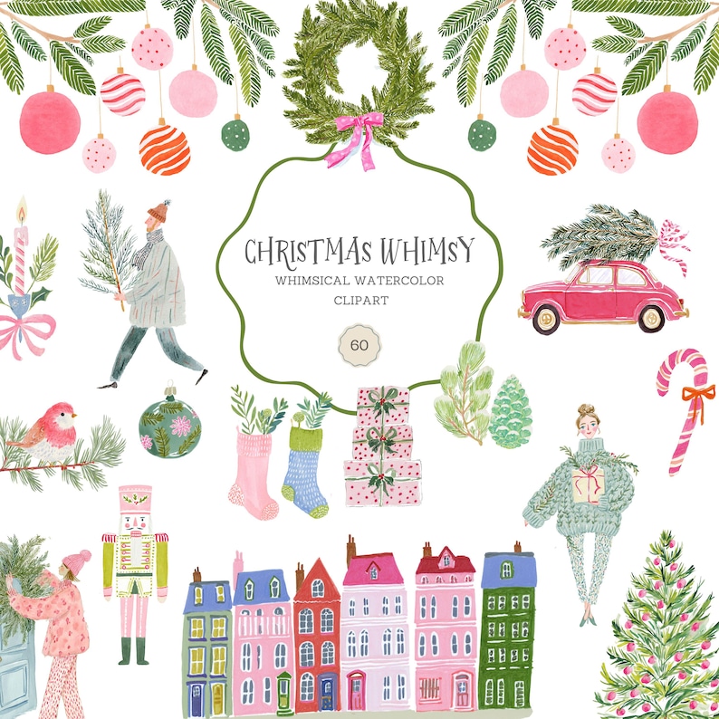 Whimsical Christmas Clipart Colorful Watercolor Doodles Holiday PNG ...