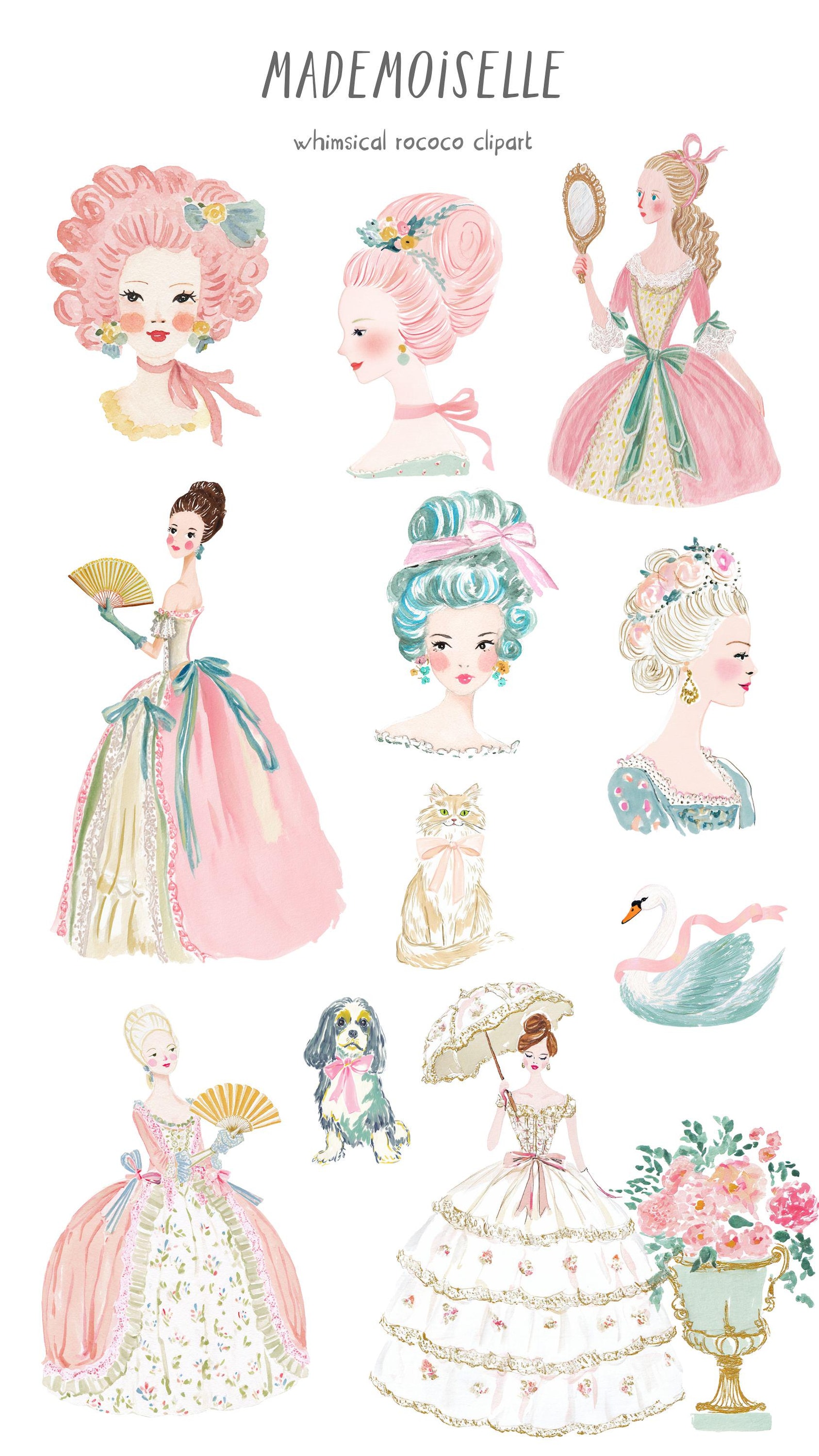 Rococo Clipart Whimsical Pastel Watercolor Preppy French Feminine ...