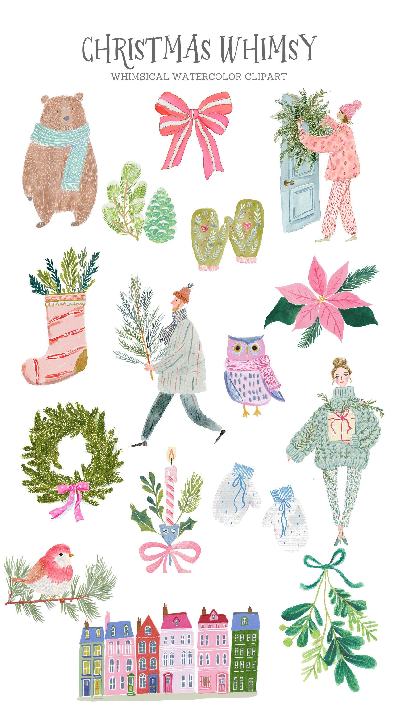 Whimsical Christmas Clipart Colorful Watercolor Doodles Holiday PNG ...