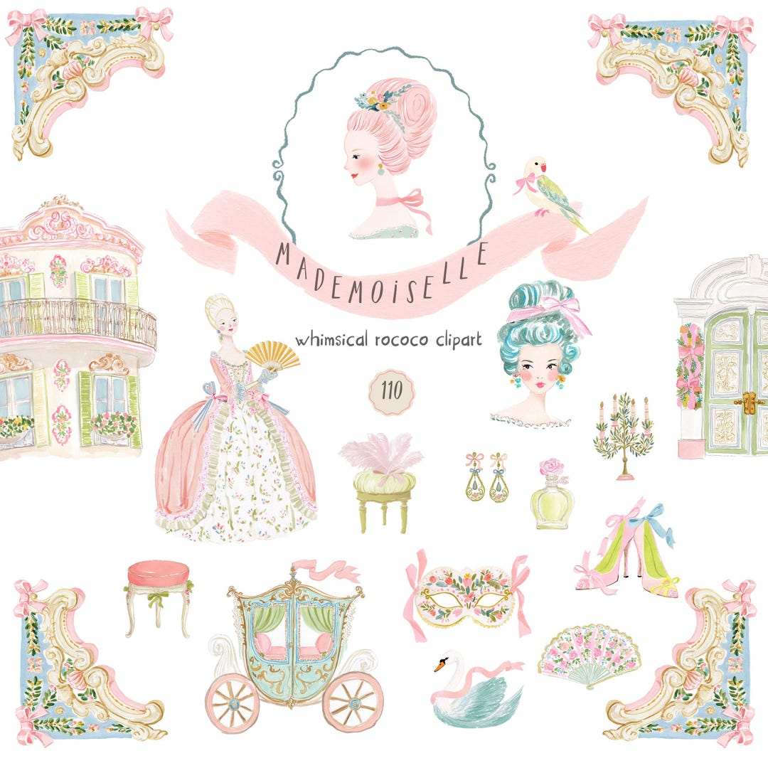 Rococo Clipart Whimsical Pastel Watercolor Preppy French Feminine ...
