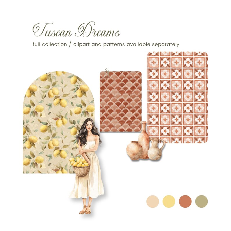 Tuscany Summer Seamless Patterns Italian Countryside Rustic Backgrounds ...