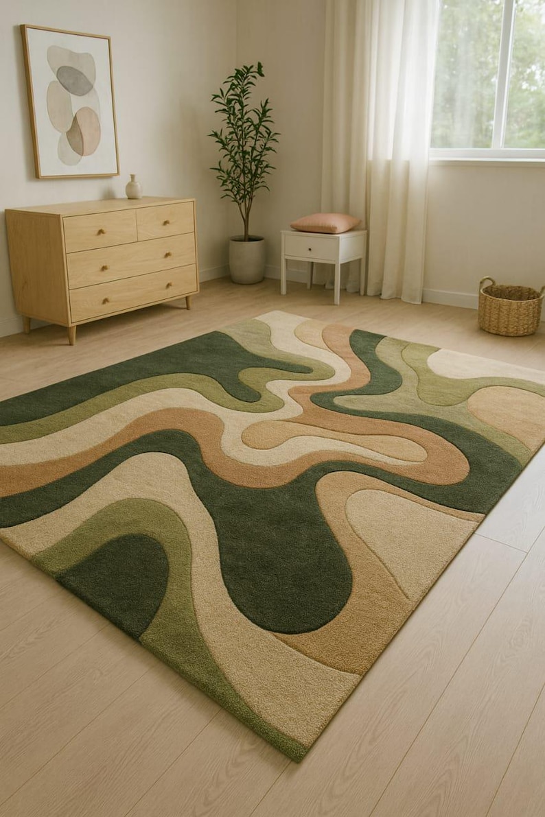 Hand Tufted Area Rug, Sage Green Abstract Wavy Carpet - Etsy