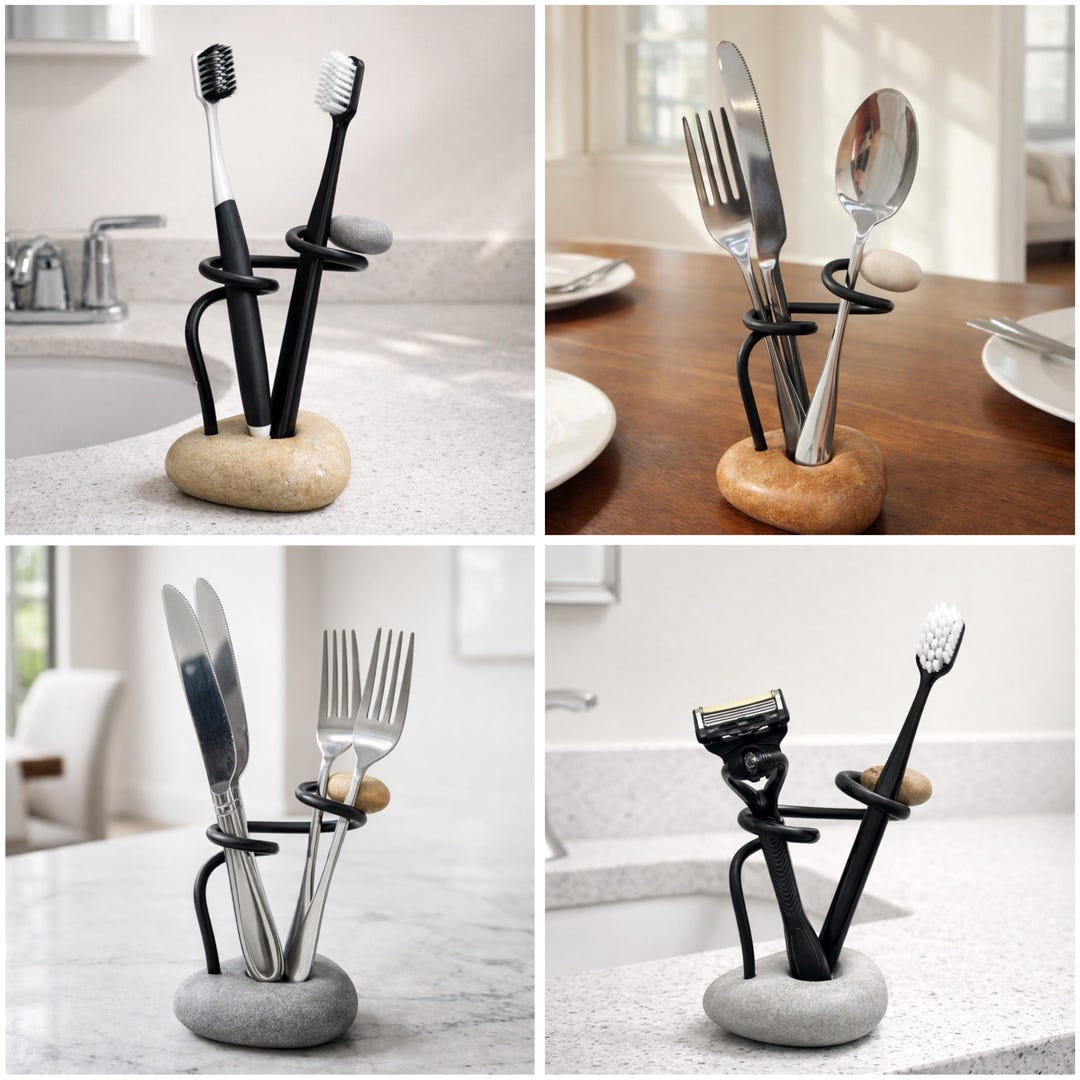 Stone Toothbrush & Cutlery Holder | Natural Pebble Organizer With ...