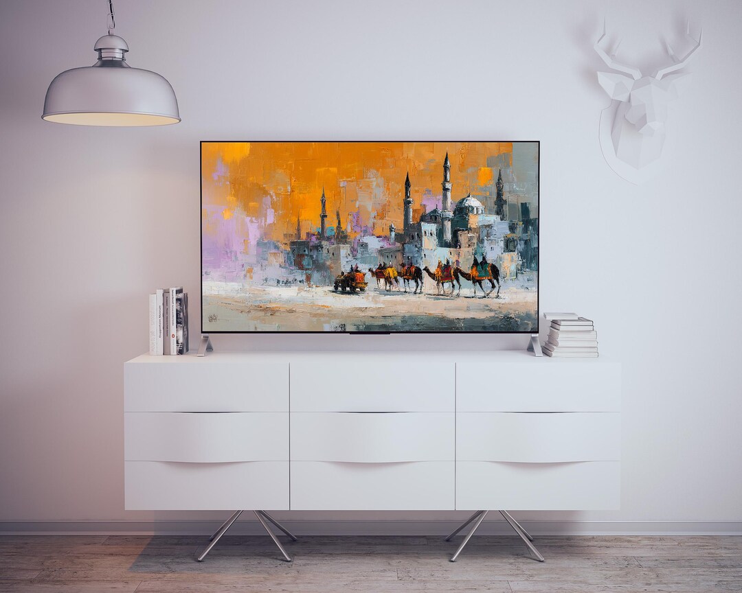Desert Camel Caravan, Samsung Frame TV Art, Orange City Skyline Oil ...