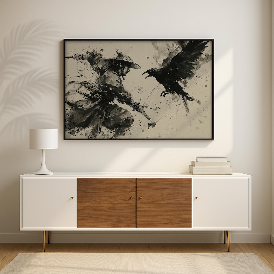 Japanese Samurai & Raven Samsung Frame TV Art , Vintage Ink Wash Sumi-e ...