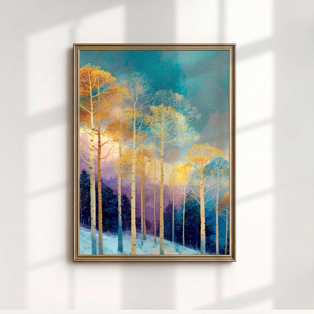 Golden Aspen Tree Art Print, Teal and Yellow Forest Painting, Whimsical ...