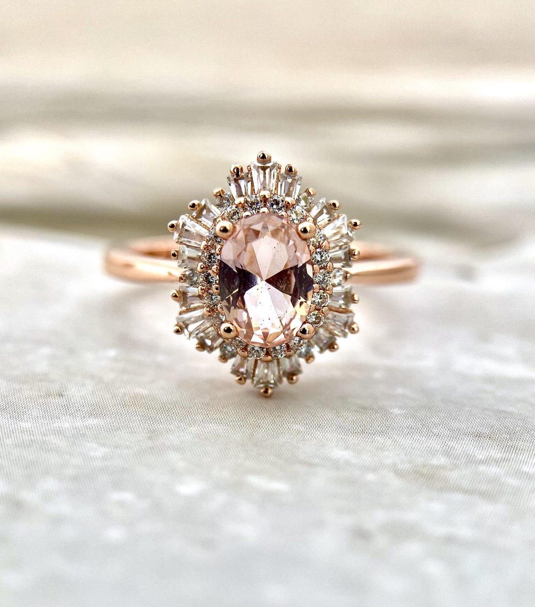 2.00 CT Pink Peach Oval Lab Grown Diamond Ring, 18K Gold Art Deco ...