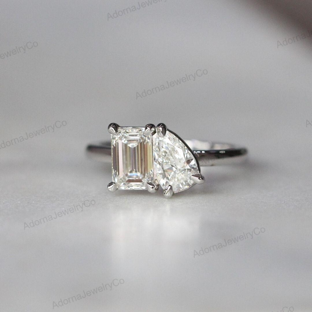 Emerald & Pear Moissanite Toi Et Moi Ring, 925 Silver Art Deco ...