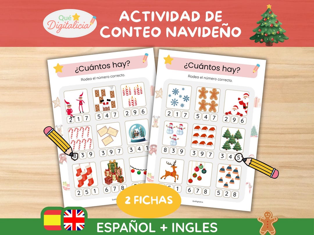 Fichas de conteo Navidad | Contar objetos 1-10 | Imprimible bilingüe ...