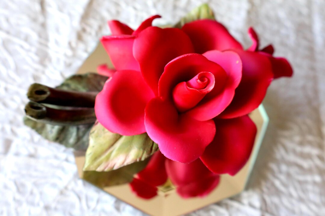 Vintage Red Rose Porcelain Sculpture Golden Crown E&R Italy - Etsy