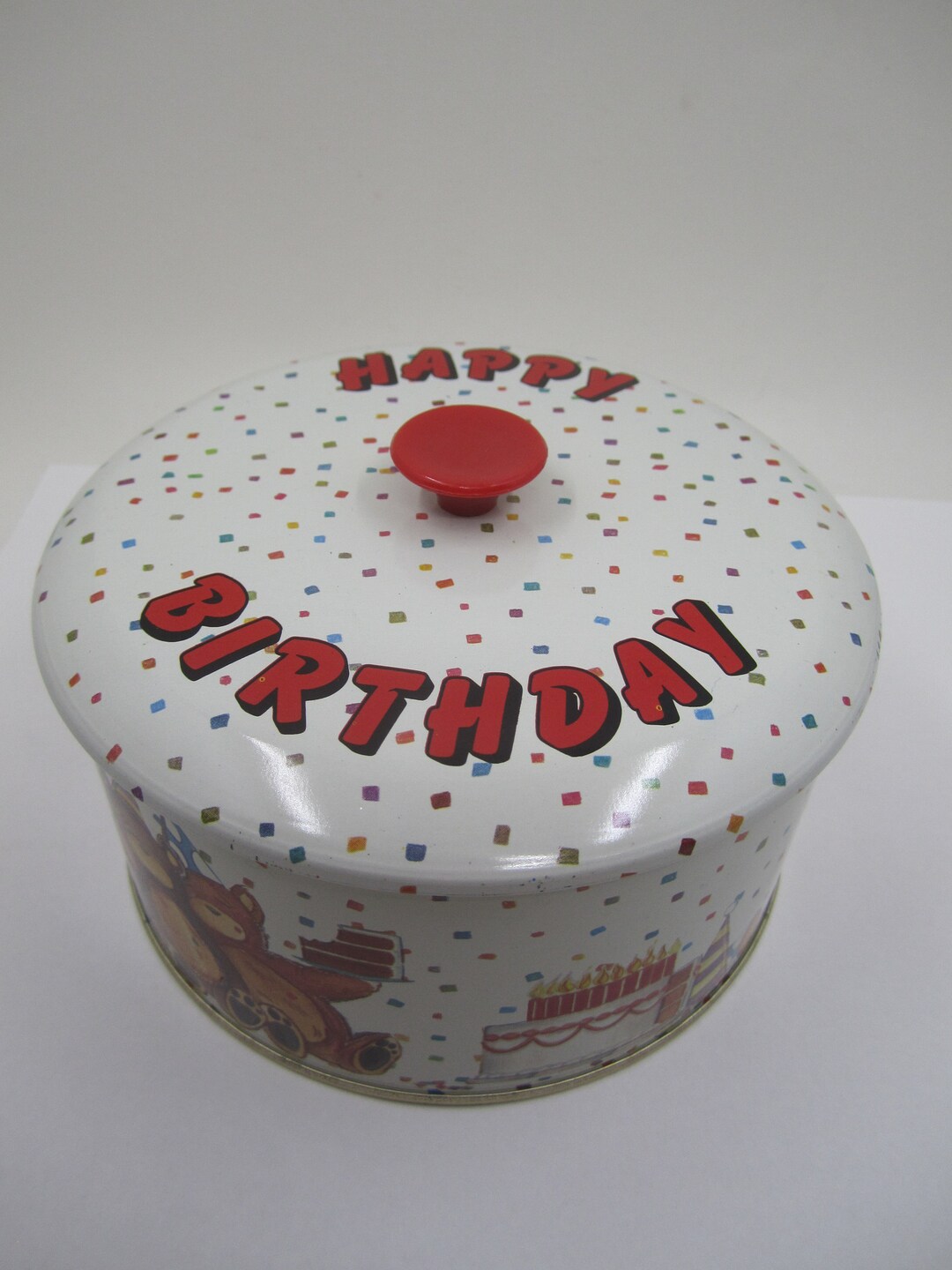 Happy Birthday Round Metal Vintage Tin Party Bears Presentation Storage ...