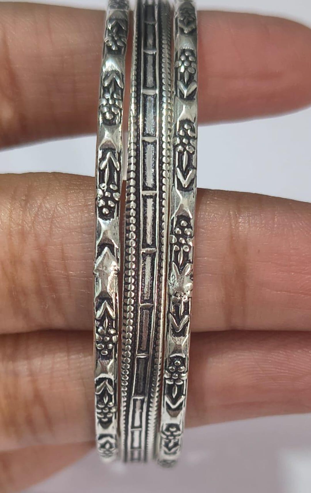 Set of 3 Silver Oxidized Bangles for Women | Antique Finish Floral and ...