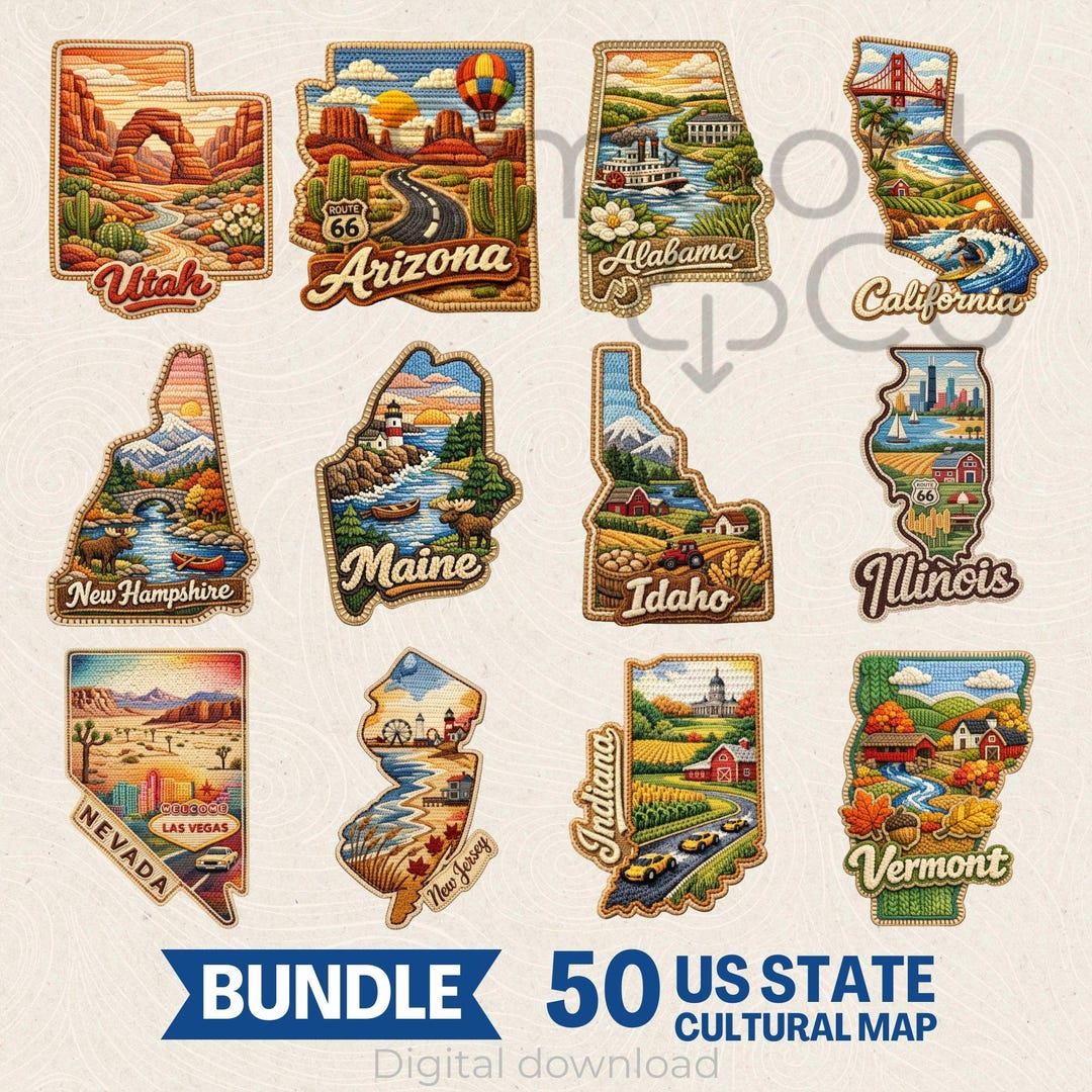 50 US State Cultural Map Bundle, Retro Travel Stickers PNG, USA ...