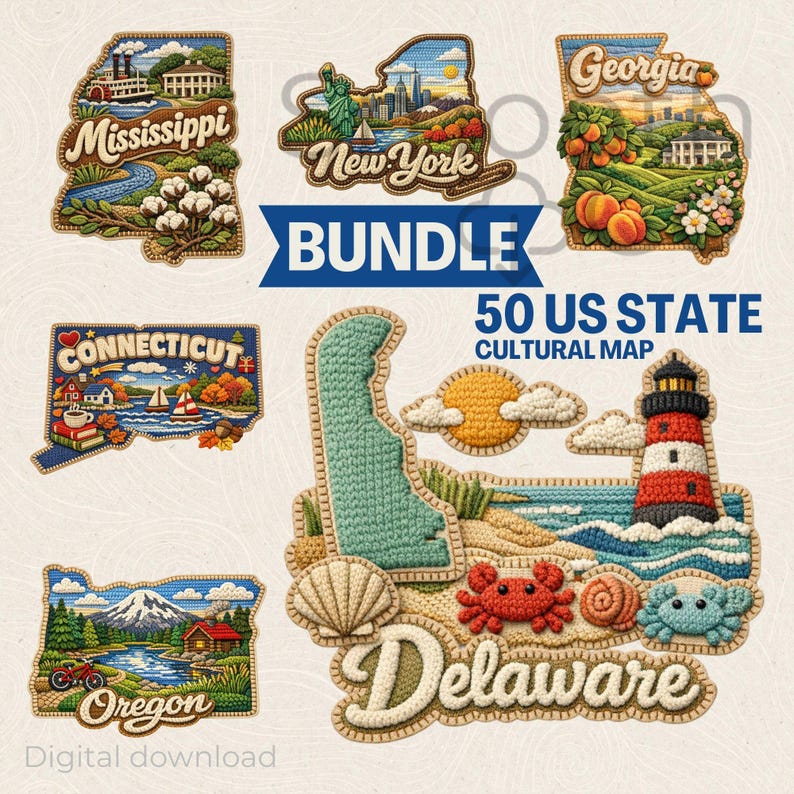 50 US State Cultural Map Bundle, Retro Travel Stickers PNG, USA ...