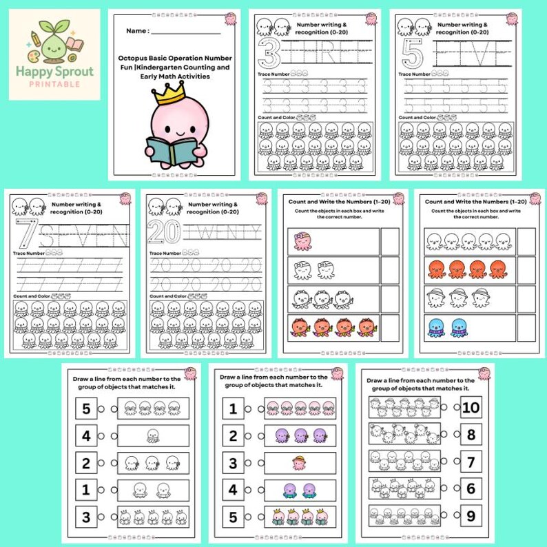 Octopus Math Fun Worksheets | Kindergarten Counting 1–20, Addition ...