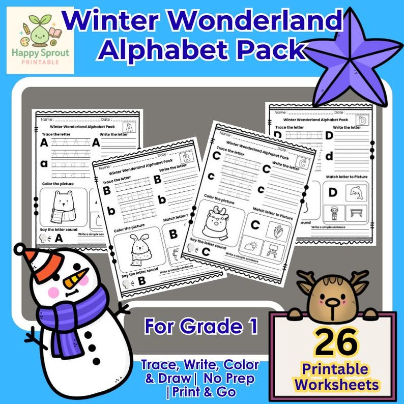 Winter Wonderland Alphabet Pack for Grade 1 ,trace, Write, Color & Draw ...