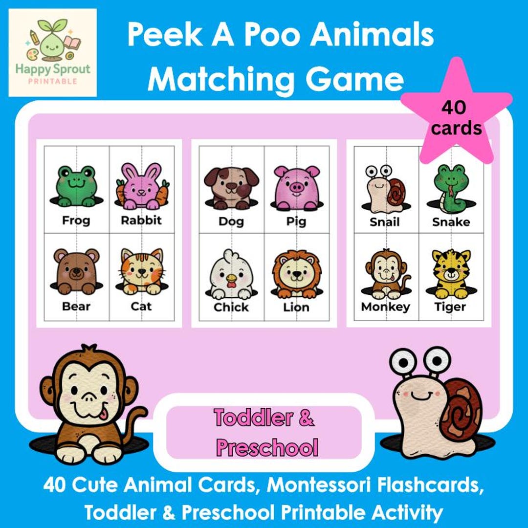 Peek A Poo Animals Matching Game: Montessori Flashcards (PDF Printable ...