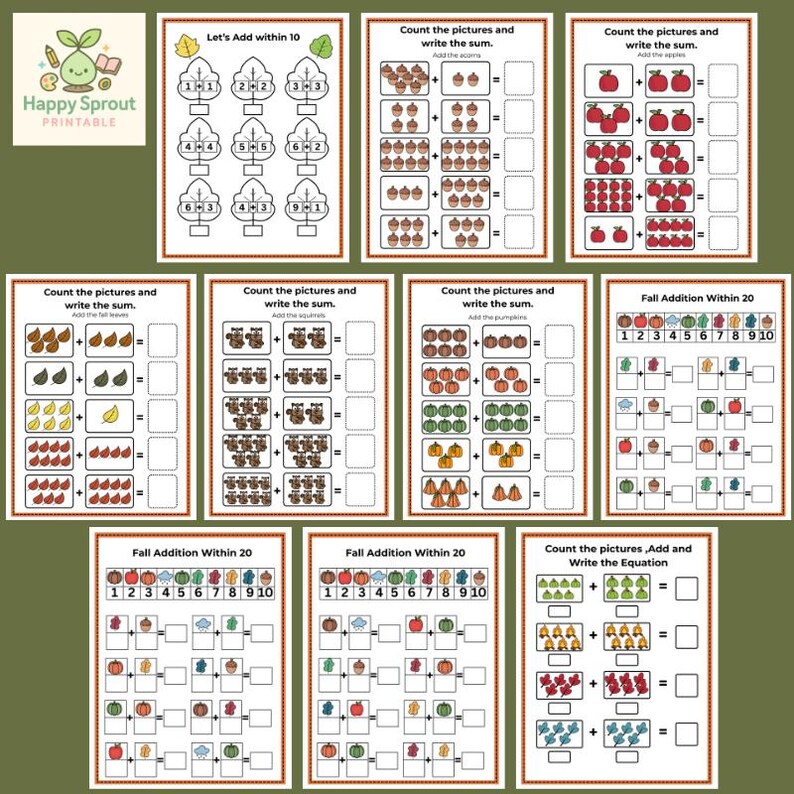 Autumn Math Worksheets – Addition Within 20 | Fall Counting Fun for ...