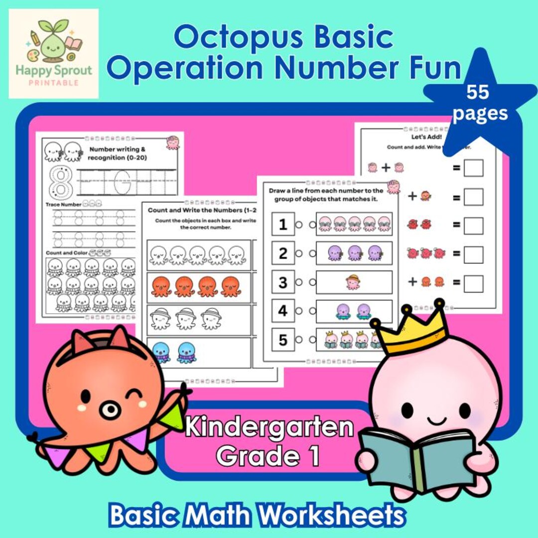 Octopus Math Fun Worksheets | Kindergarten Counting 1–20, Addition ...
