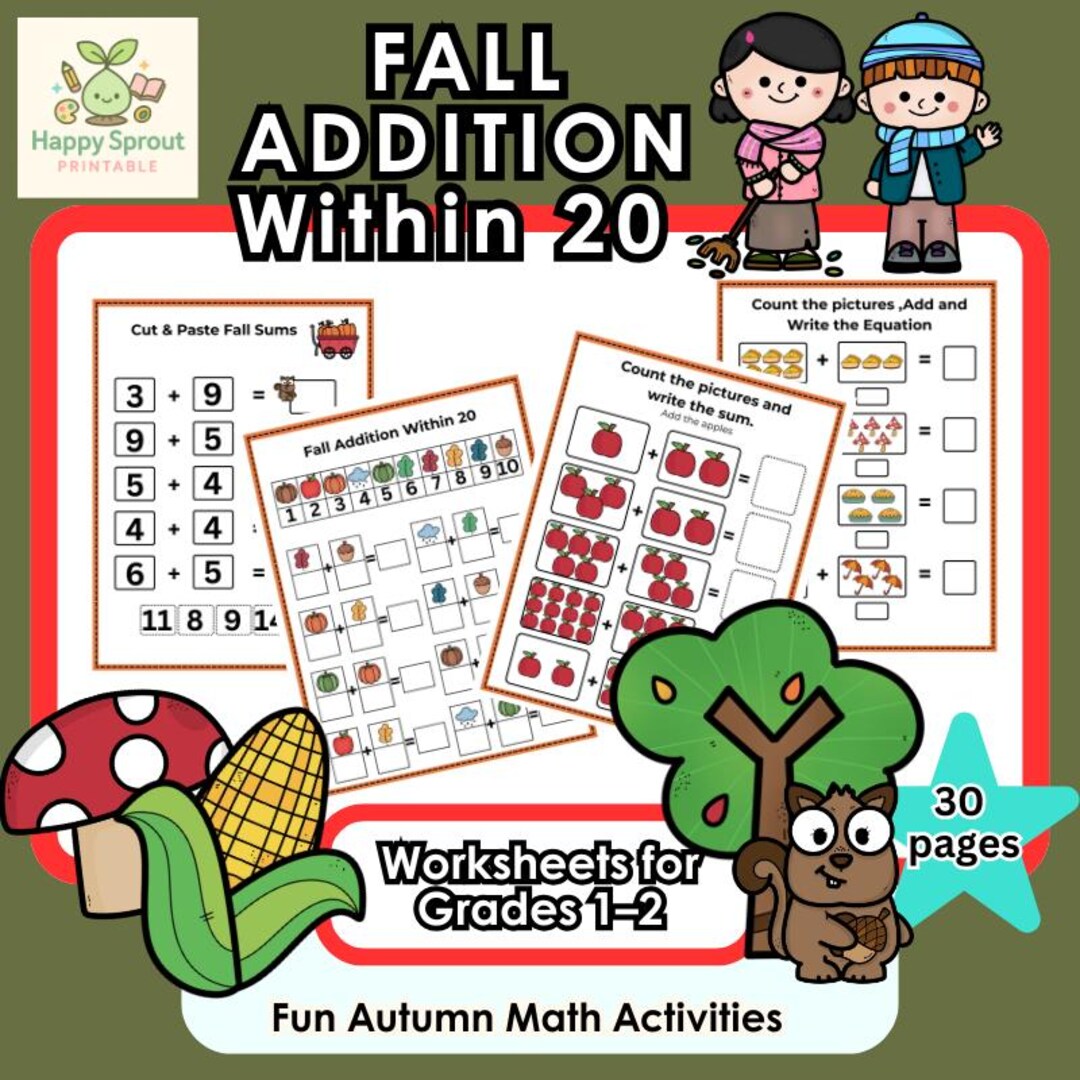 Autumn Math Worksheets – Addition Within 20 | Fall Counting Fun for ...