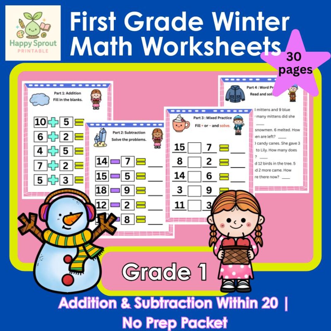 First Grade Winter Math Worksheets – Addition & Subtraction Within 20 ...