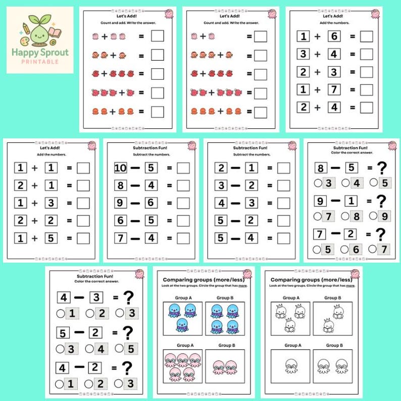 Octopus Math Fun Worksheets | Kindergarten Counting 1–20, Addition ...