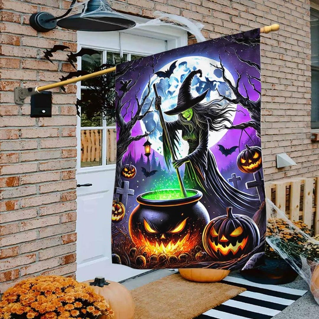 Halloween Witch Cauldron Flag, Spooky Cooking Poison Garden and House ...