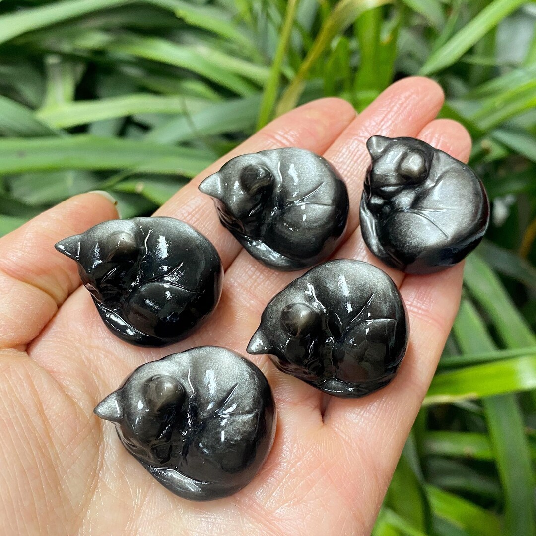 Hand Carved Silver Obsidian Sleeping Cat: Natural Crystal Animal ...