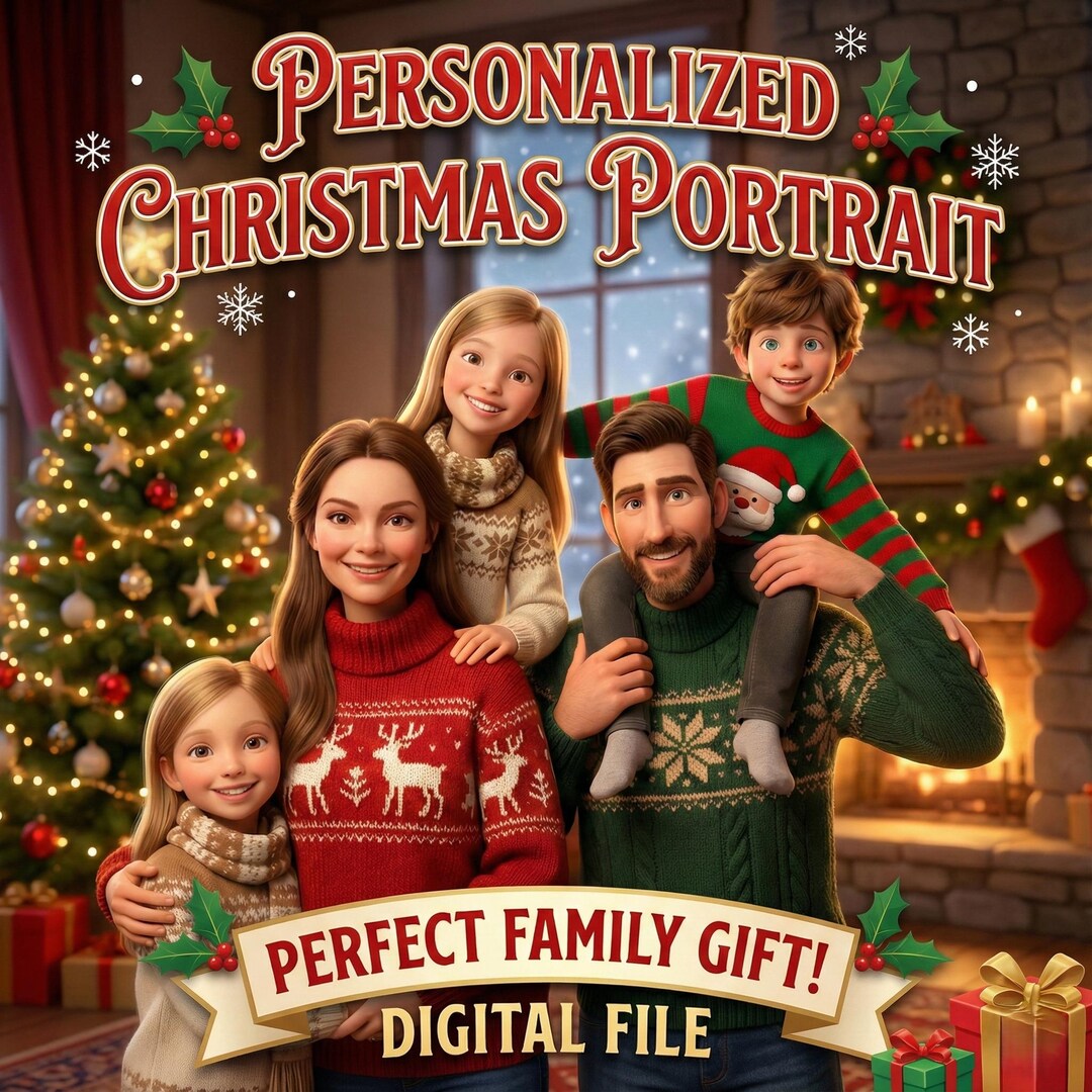 Custom Christmas Family Portrait From Photo | Personalized Holiday ...