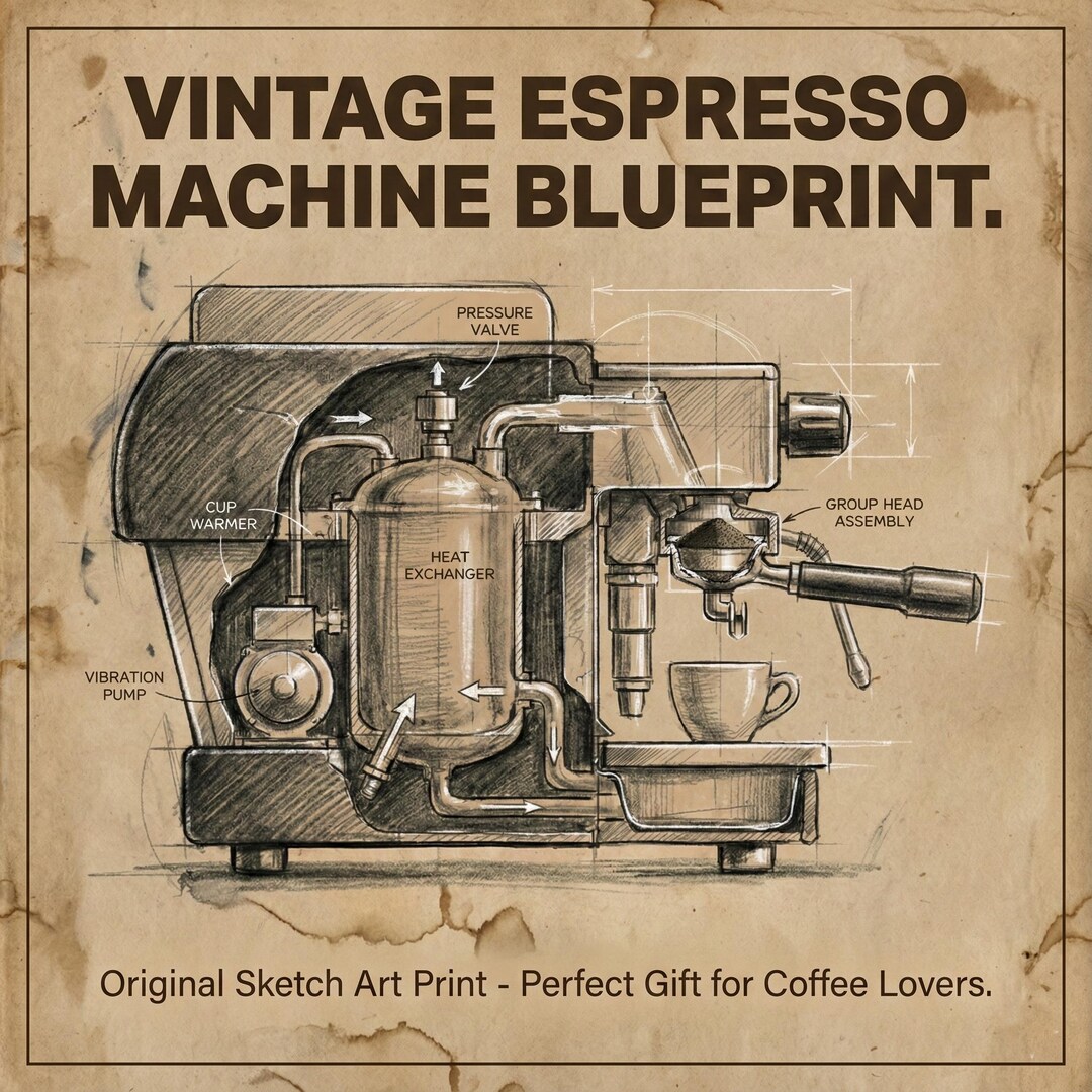 Espresso Machine Blueprint Art Printable, Coffee Machine Diagram Wall ...