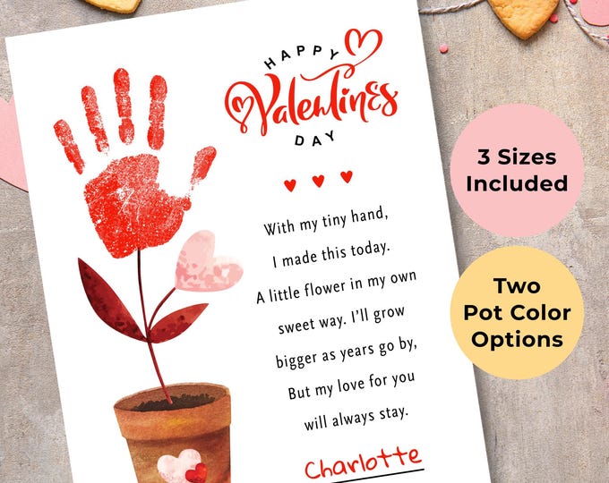 Valentine Handprint Art, Love Poem Flower Valentines Gift for Mom, Kids ...