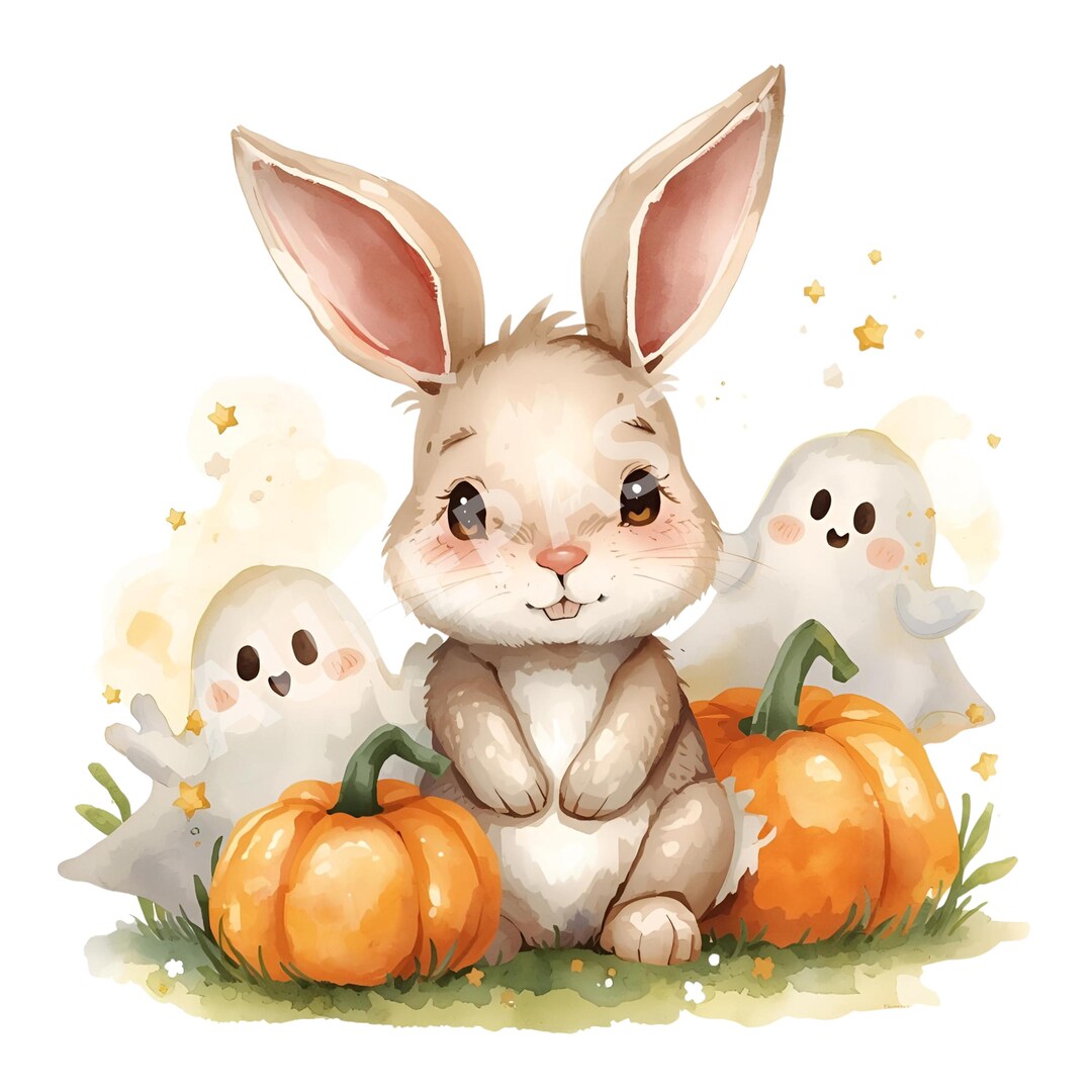 Halloween Watercolor Clipart – Cute Bunny With Pumpkins & Ghosts ...