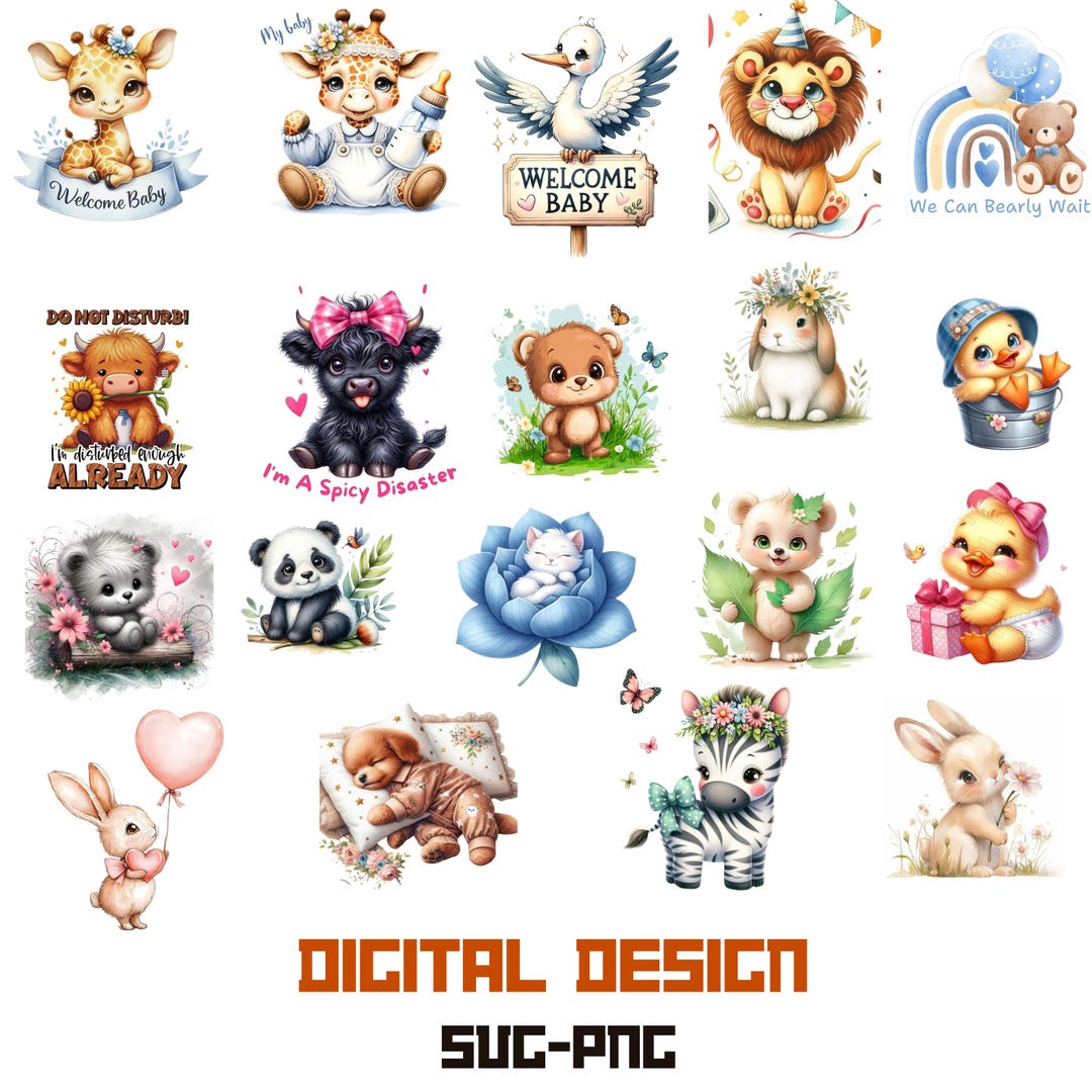 Cute Baby Animal SVG PNG Bundle for Kids - Etsy