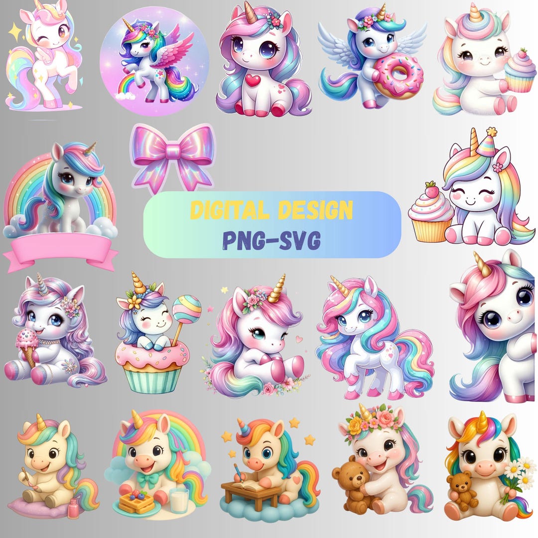 Pastel Unicorn Clipart Bundle: Rainbows, Teddy Bears (PNG, SVG Digital ...
