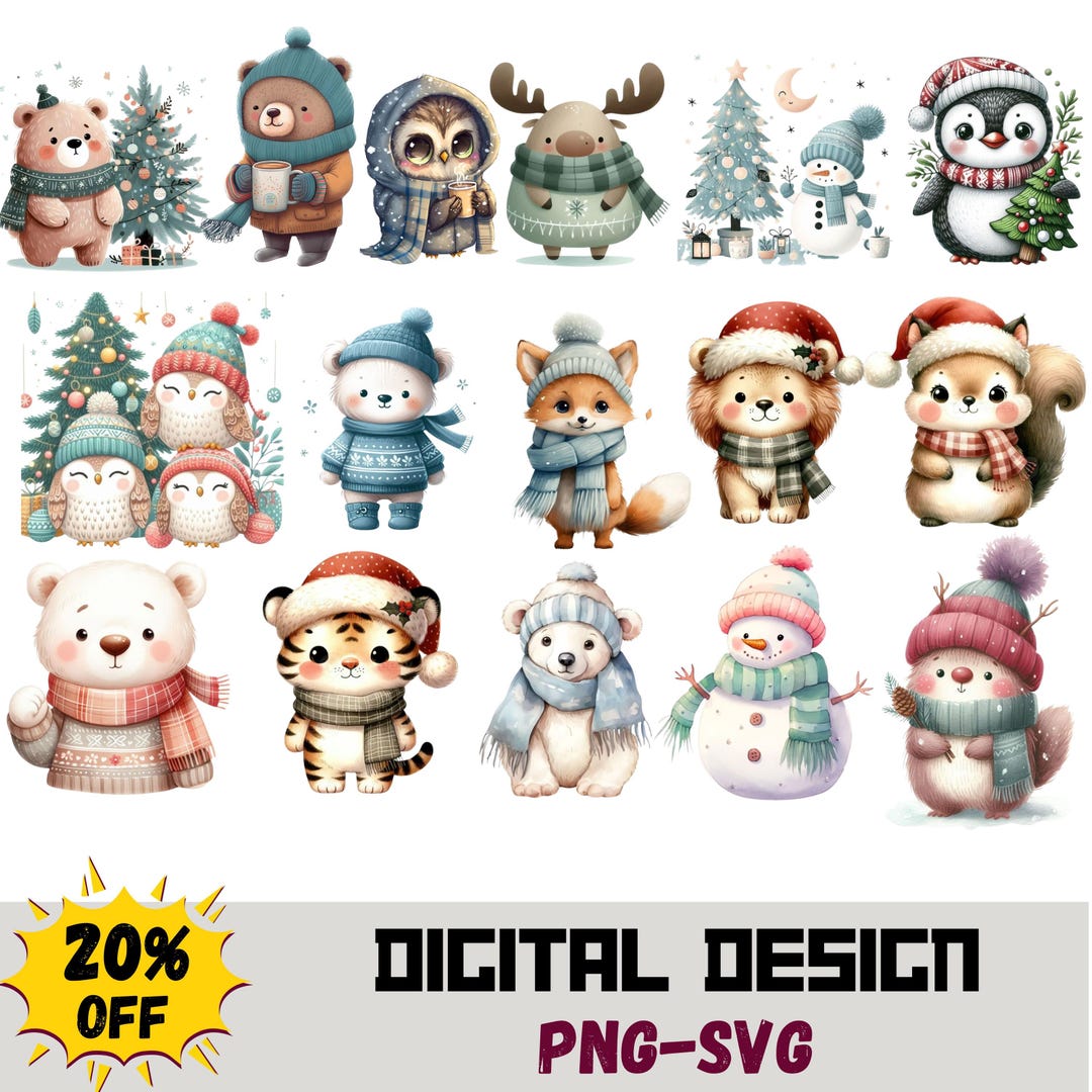 Cute Winter Animal Clipart | PNG SVG Bundle - Etsy UK