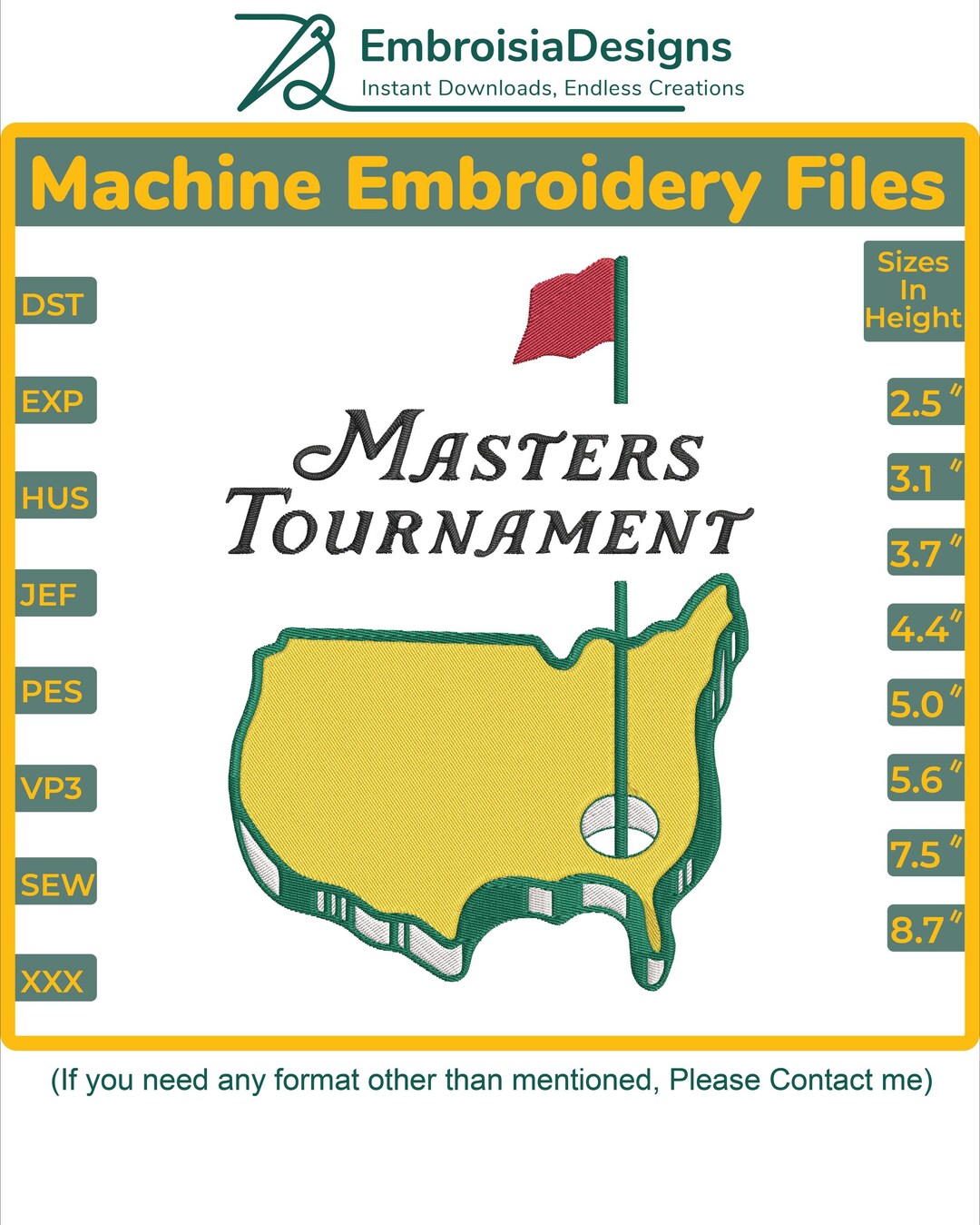 Golf Machine Embroidery Design, Master Tournament Pattern File (8 Sizes ...