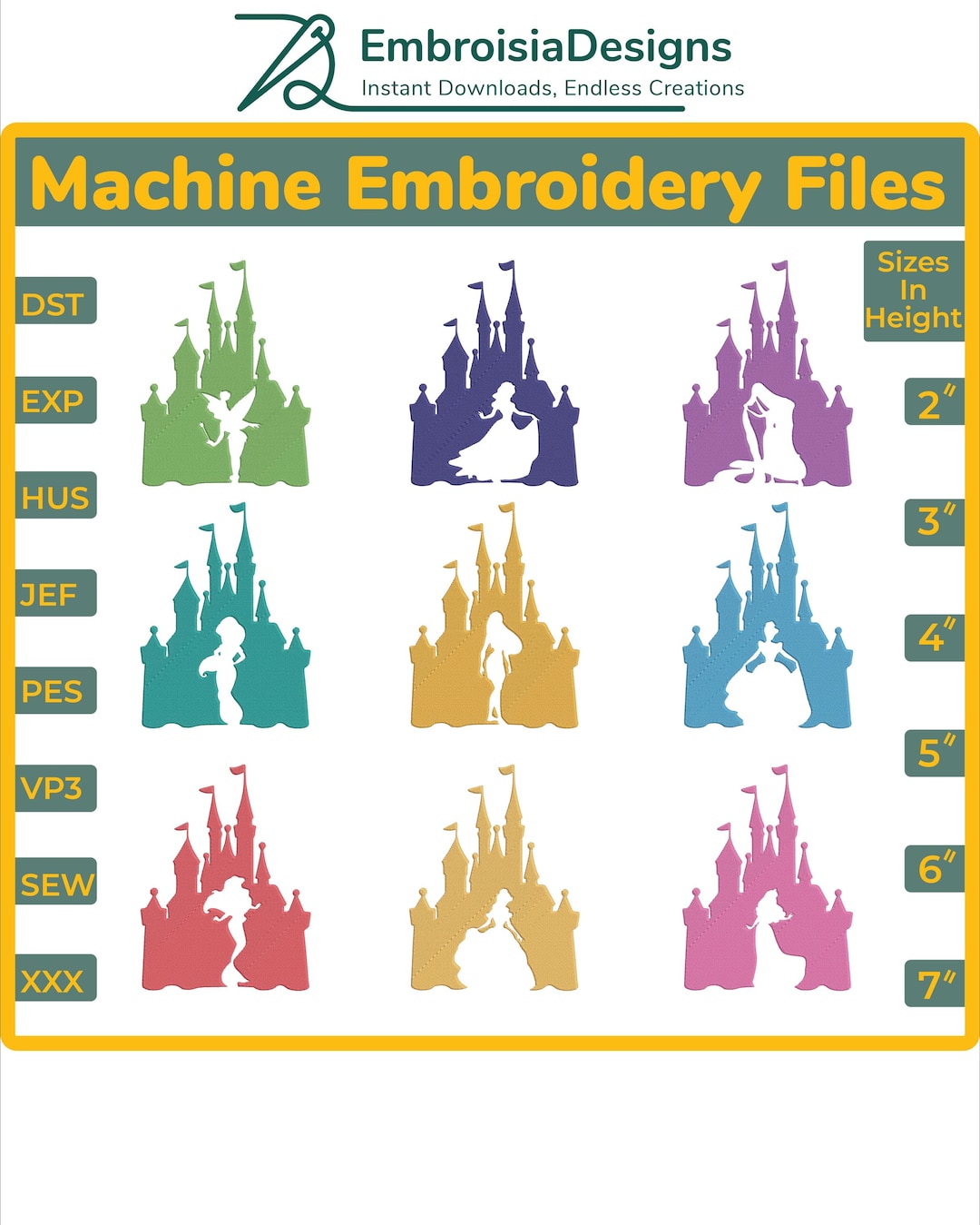 Silhouette Princess Castle Machine Embroidery Design, (6 Sizes, 8 ...
