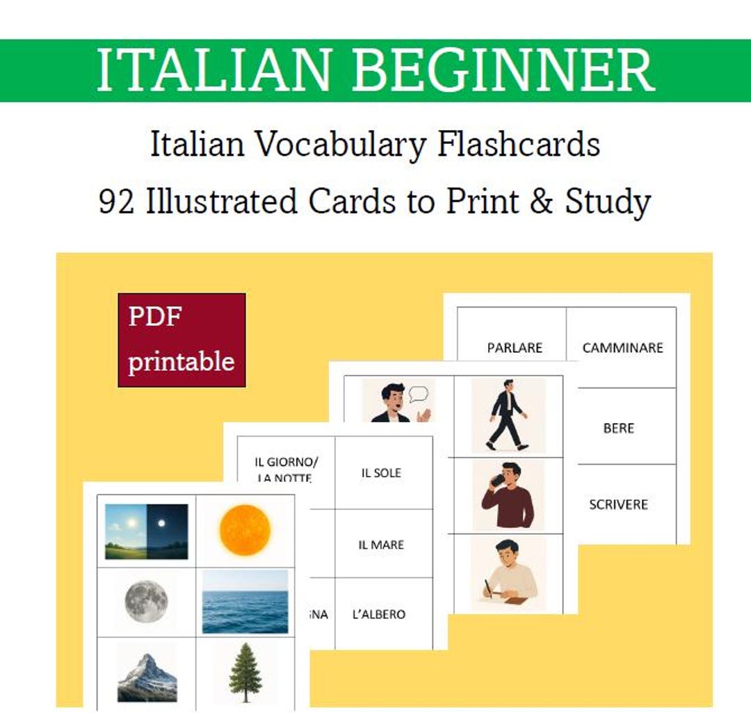 Italian Vocabulary Flashcards – 92 Illustrated Cards to Print & Study ...