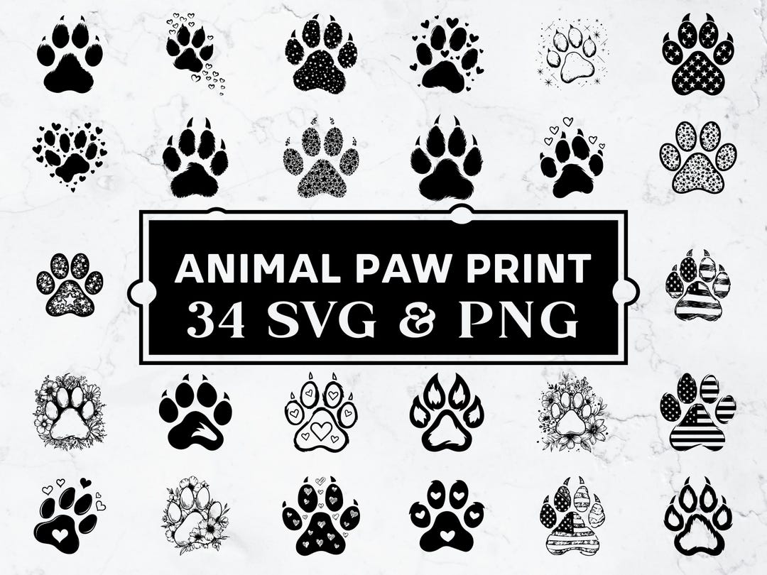 Animal Paw Print Silhouette SVG PNG Bundle, Pet Lover Clipart, Dog Cat ...