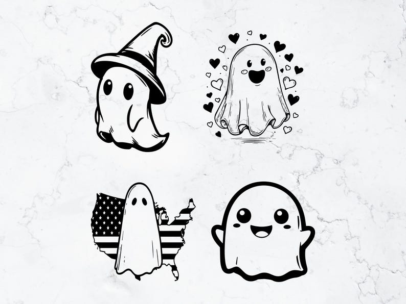 Cute Ghost Silhouette SVG PNG Bundle, Kawaii Halloween Clipart, Spooky ...