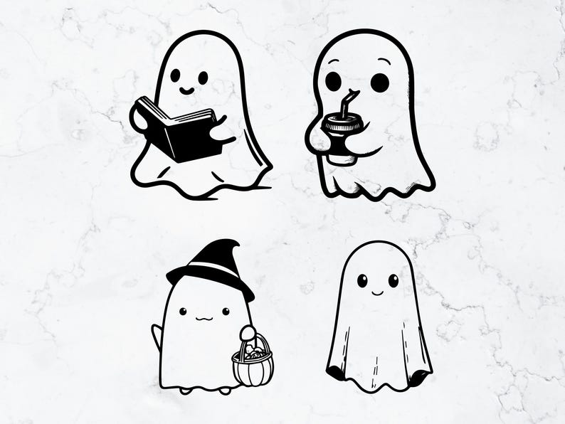 Cute Ghost Silhouette SVG PNG Bundle, Kawaii Halloween Clipart, Spooky ...