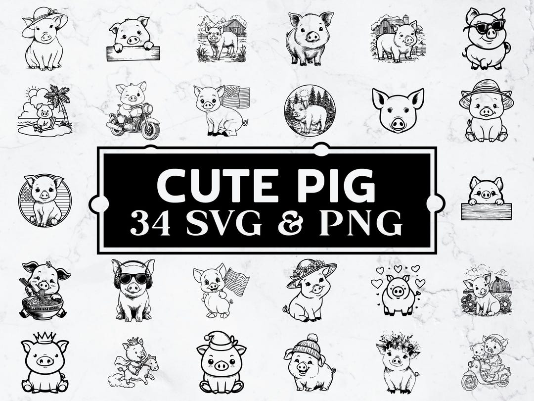 Cute Pig Silhouette SVG PNG Bundle, Farm Animal Clipart, Kawaii Pet Cut ...