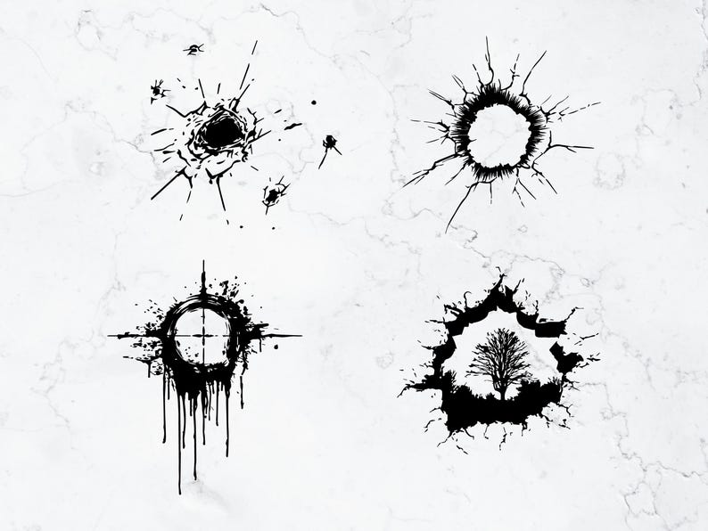 Bullet Hole Silhouette SVG PNG Bundle, Crack Impact Clipart, Cricut Cut ...